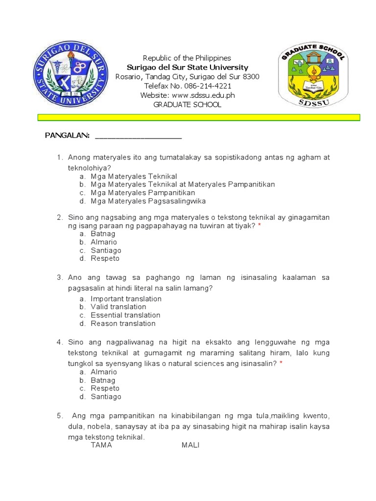 Mga Pagsasalin Sa Tekstong Teknikal at Tekstong Pampanitikan-QUIZ | PDF