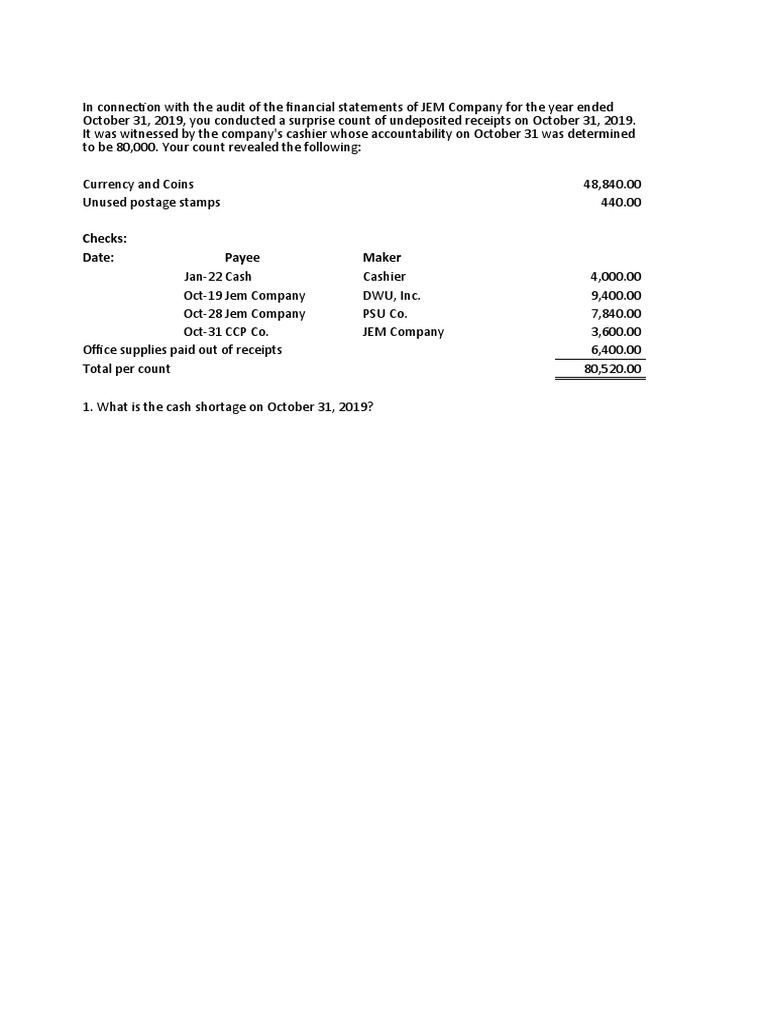 Audit of Cash Practice Problem | PDF | Cash | Cheque