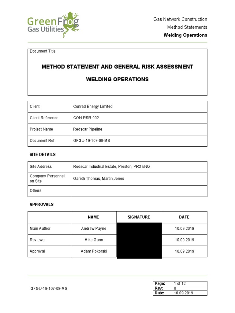 Method Statement and General Risk Assessment Welding Operations | PDF ...