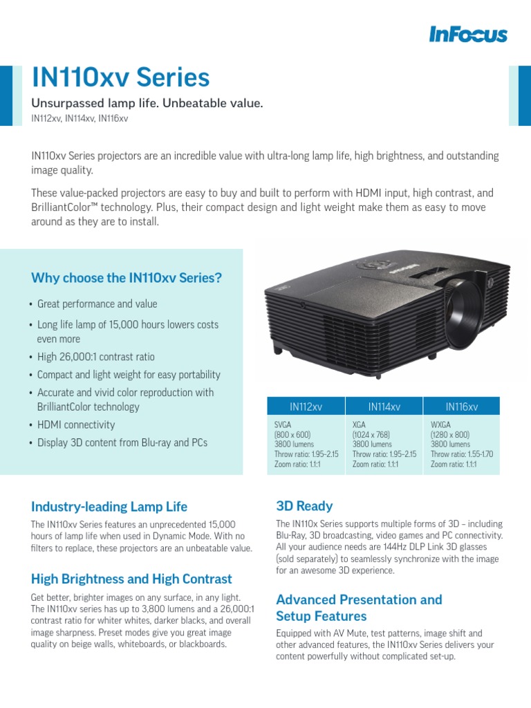InFocus IN110xv Series Datasheet EN | PDF | Display Resolution | Electronic Engineering