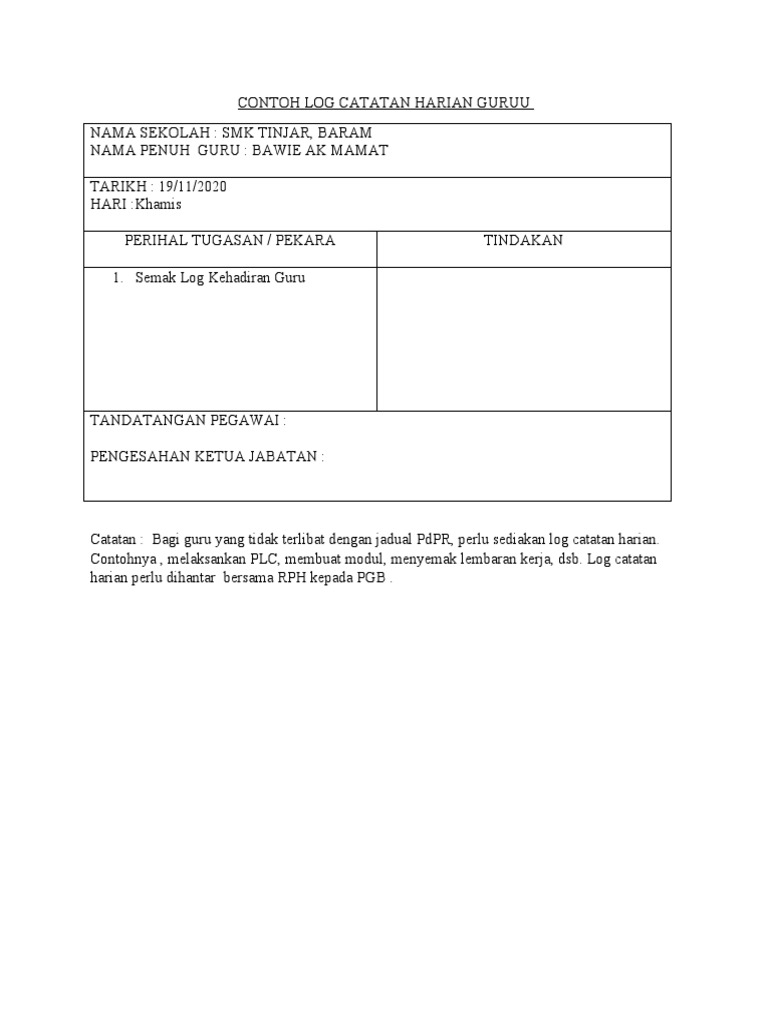 Contoh Log Catatan Harian Guru | PDF