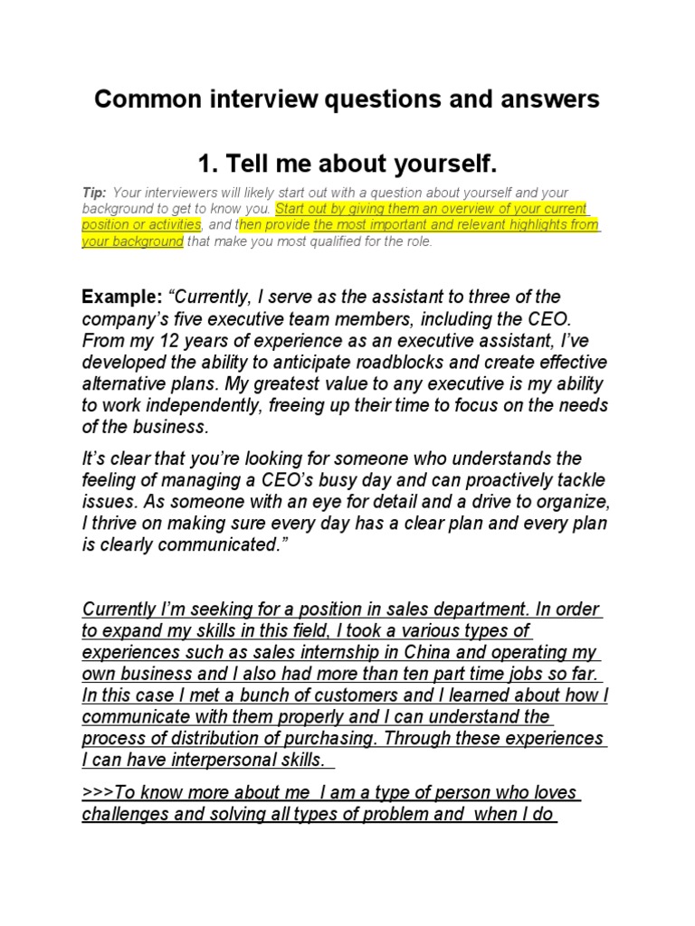 Common Interview Questions and Answers 1. Tell Me About Yourself | PDF
