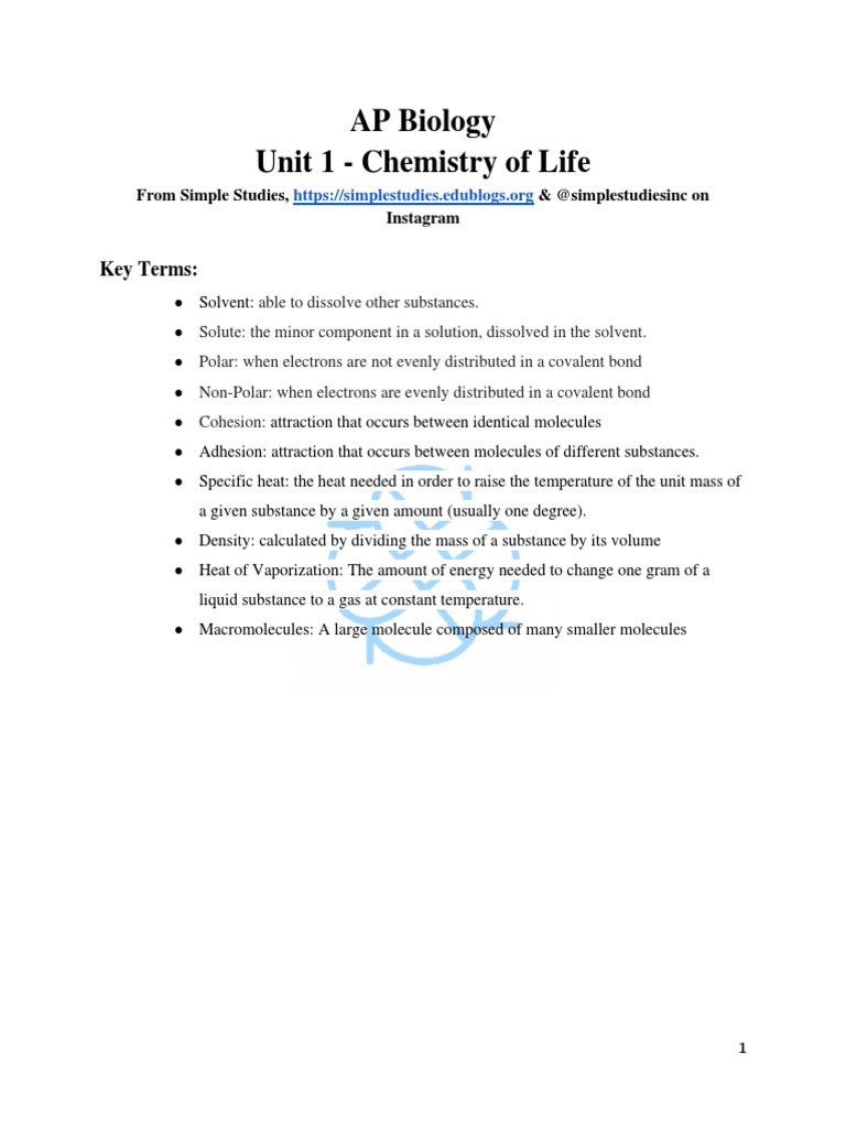 AP Biology Unit 1 - Chemistry of Life: Key Terms | PDF | Nucleotides ...