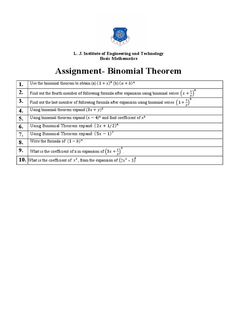 Basic Maths - Assignment of Binomial Theorem | PDF | Teaching Methods & Materials | Science ...