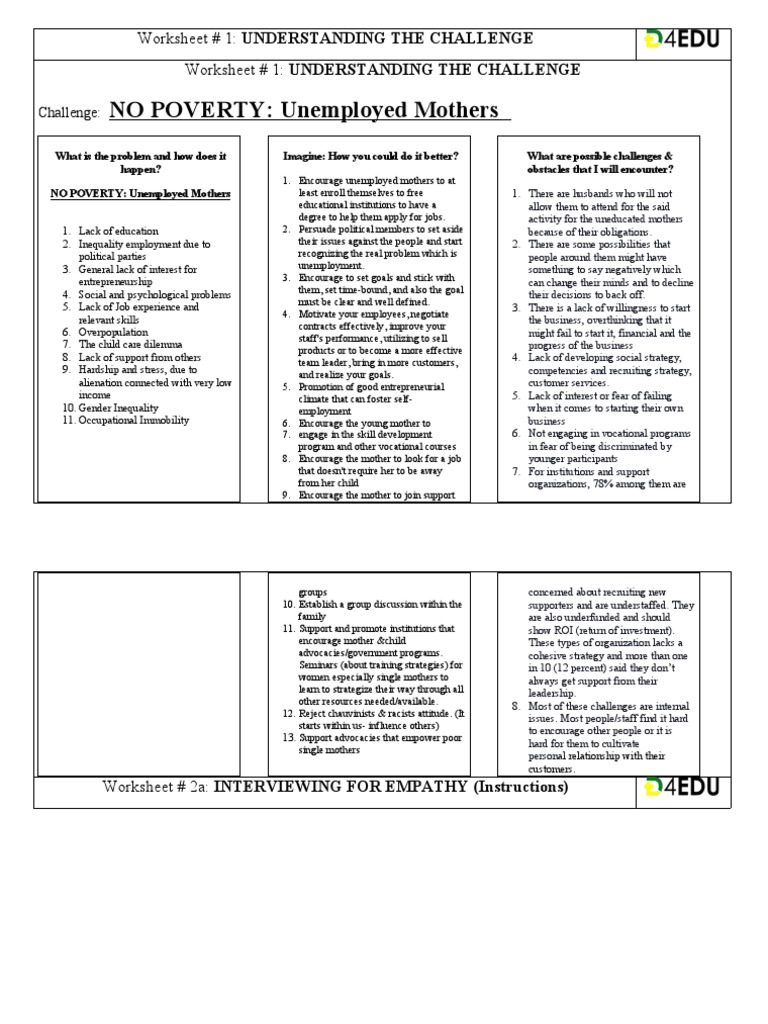 NO POVERTY: Unemployed Mothers: Worksheet # 1: Understanding The ...