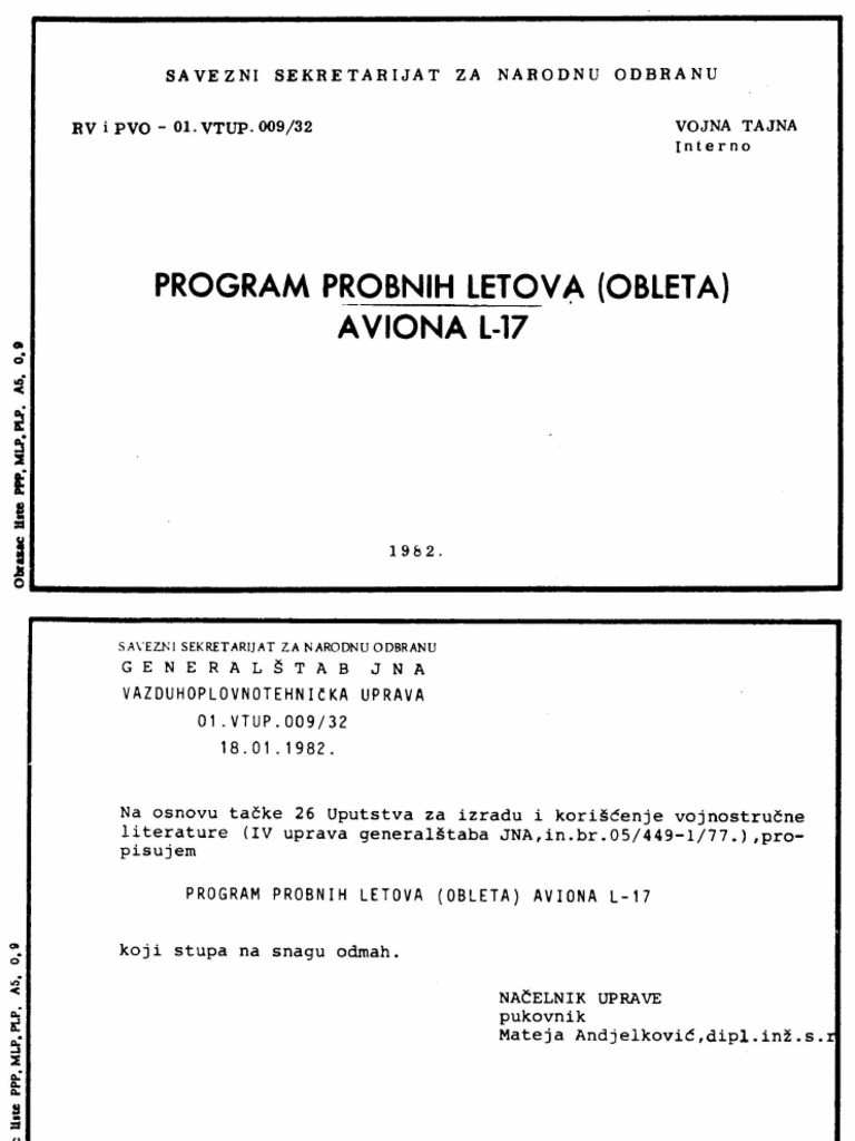 Program Probnih Letova (Obleta) Aviona L-17, 1982 | PDF