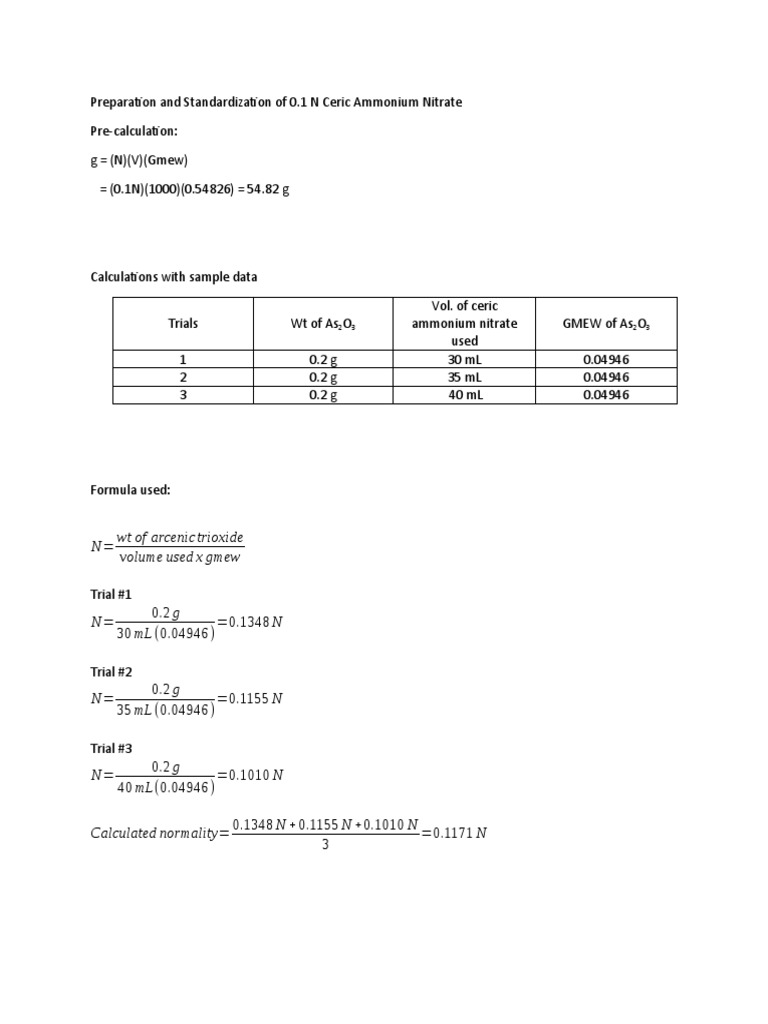 Preparation and Standardization of 0.1 N Ceric Ammonium Nitrate | PDF