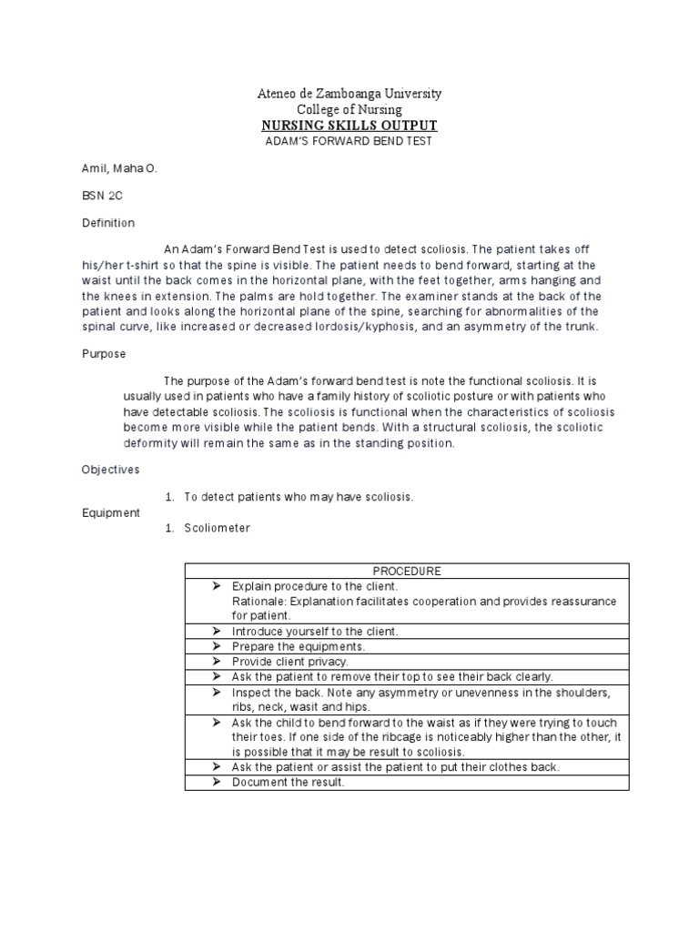 NSO - Adam's Forward Bend Test | PDF | Scoliosis | Medical Specialties