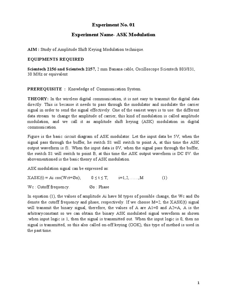 Experiment No. 01 Experiment Name-ASK Modulation | PDF | Modulation | Phase (Waves)