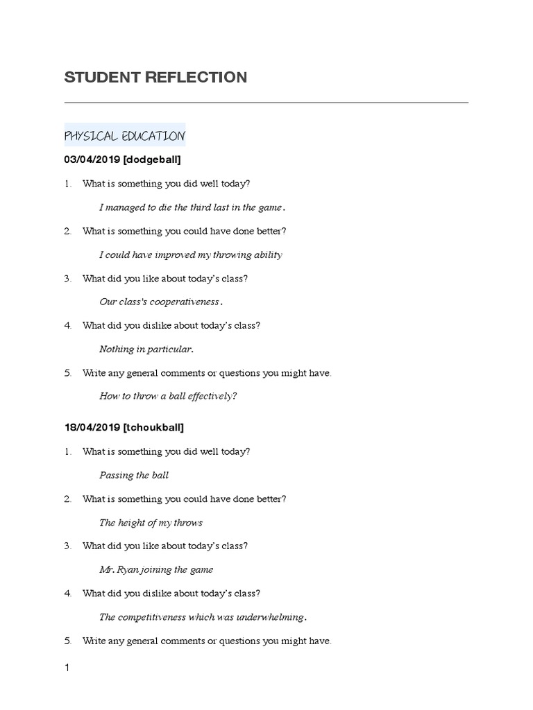Student Reflection: Physical Education | PDF | Ball | Games Of Physical ...