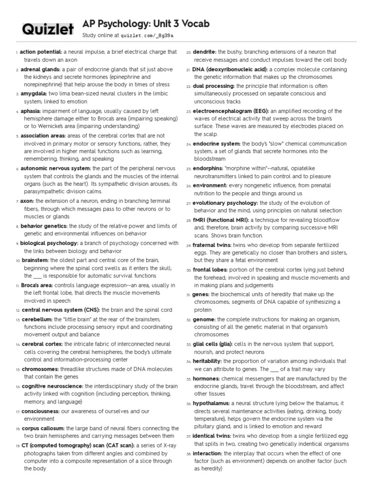 AP Psychology: Unit 3 Vocab | PDF | Nervous System | Central Nervous System