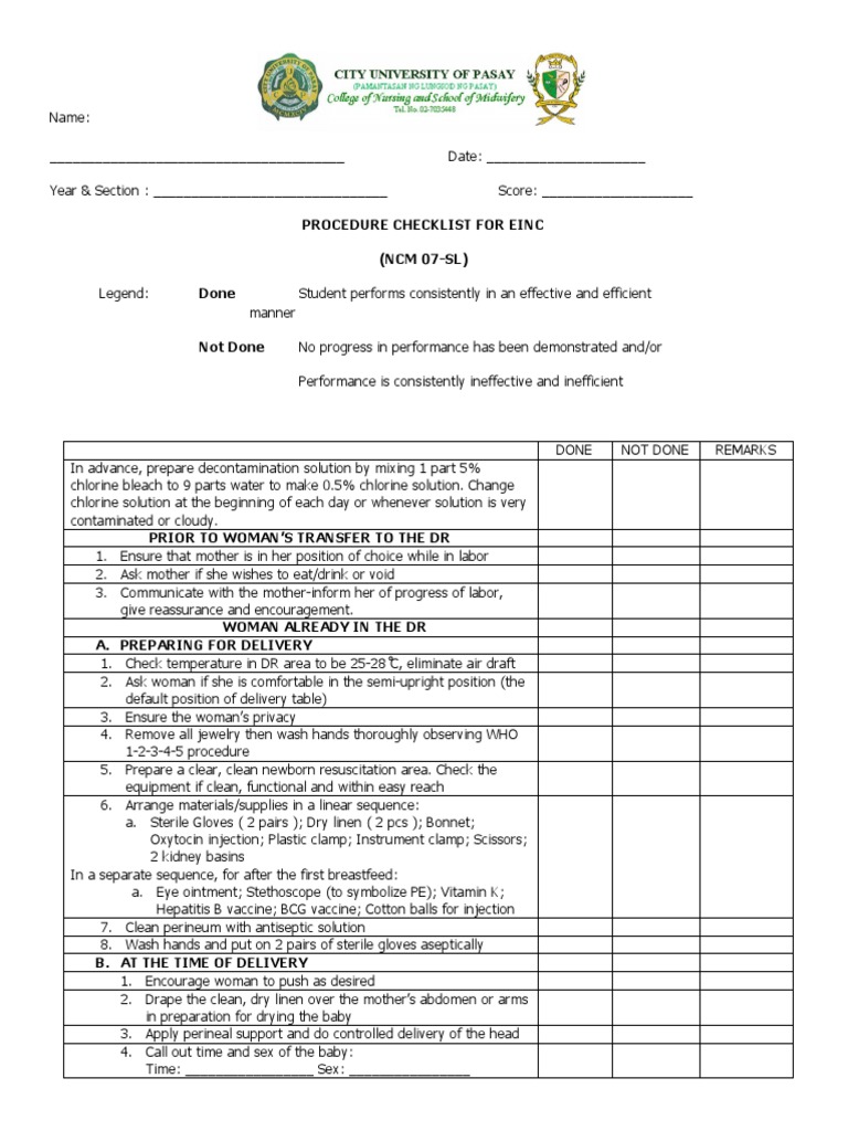 Procedure Checklist For Einc (NCM 07-SL) Done | PDF | Childbirth | Breastfeeding