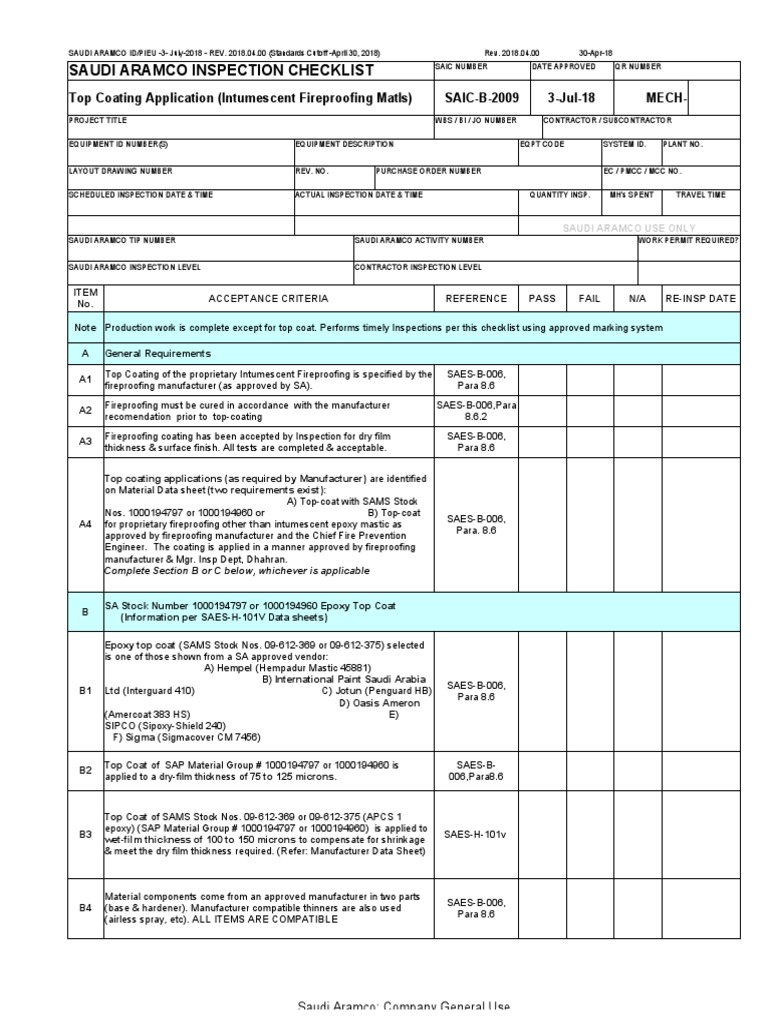 Saudi Aramco Inspection Checklist: Top Coating Application (Intumescent Fireproofing Matls) SAIC ...