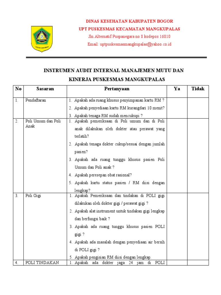 Instrumen Audit Internal Puskesmas 2024 | PDF | Pengembangan Diri ...