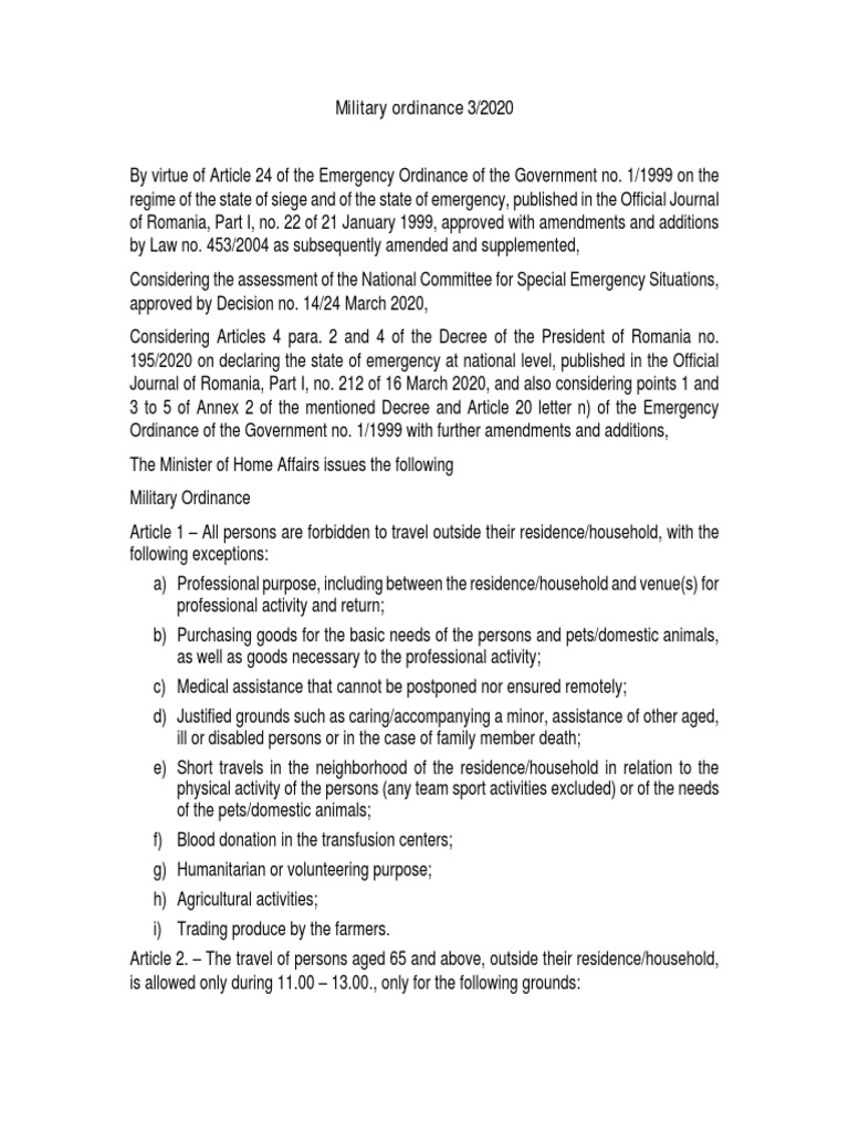 Military Ordinance 3/2020 | PDF | State Of Emergency | Decree