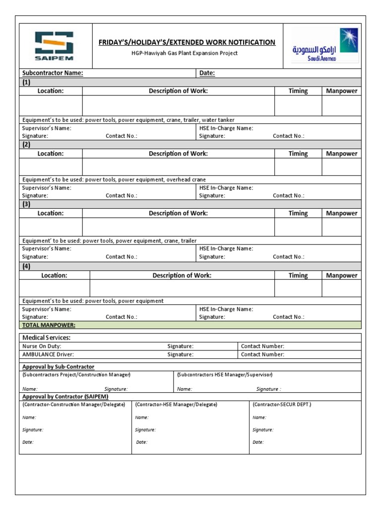 Friday'S/Holiday'S/Extended Work Notification | PDF | Economic Sectors ...
