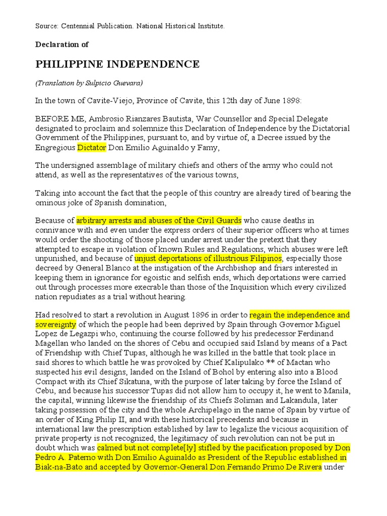 12 June 1898 - Declaration of Philippine Independence | PDF ...
