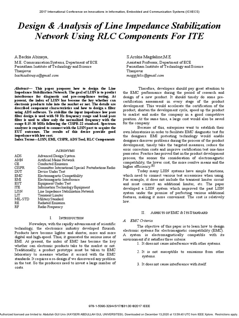 Design & Analysis of Line Impedance Stabilization Network Using RLC ...