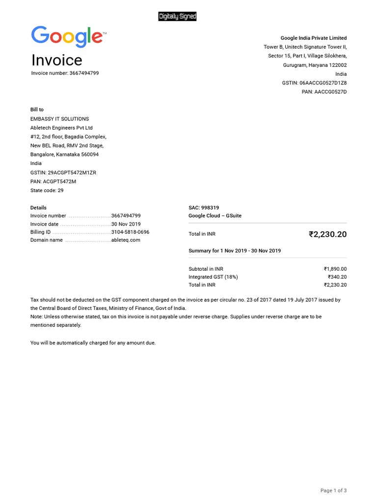 Google Cloud Invoice for GSuite Basic Usage by Embassy IT Solutions from November 1-30, 2019 ...