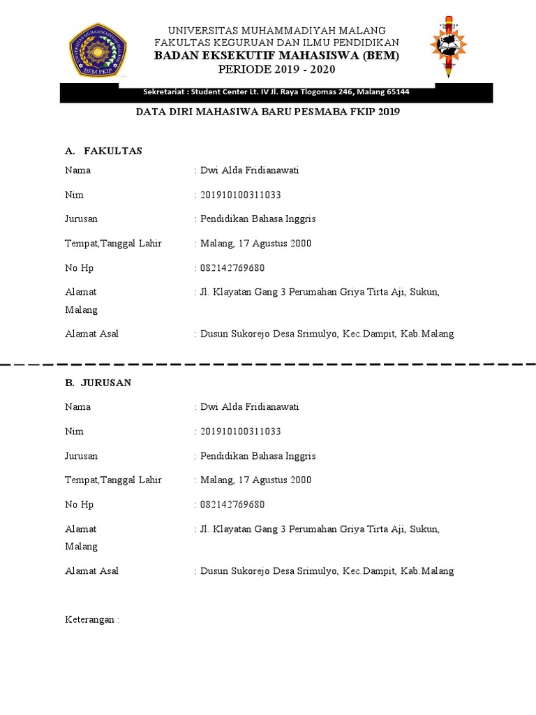 Form Data Diri | PDF