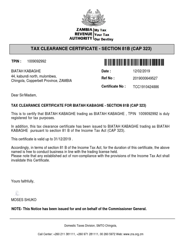 Tax Clearance Certificate - Section 81B (Cap 323) : Tpin | PDF