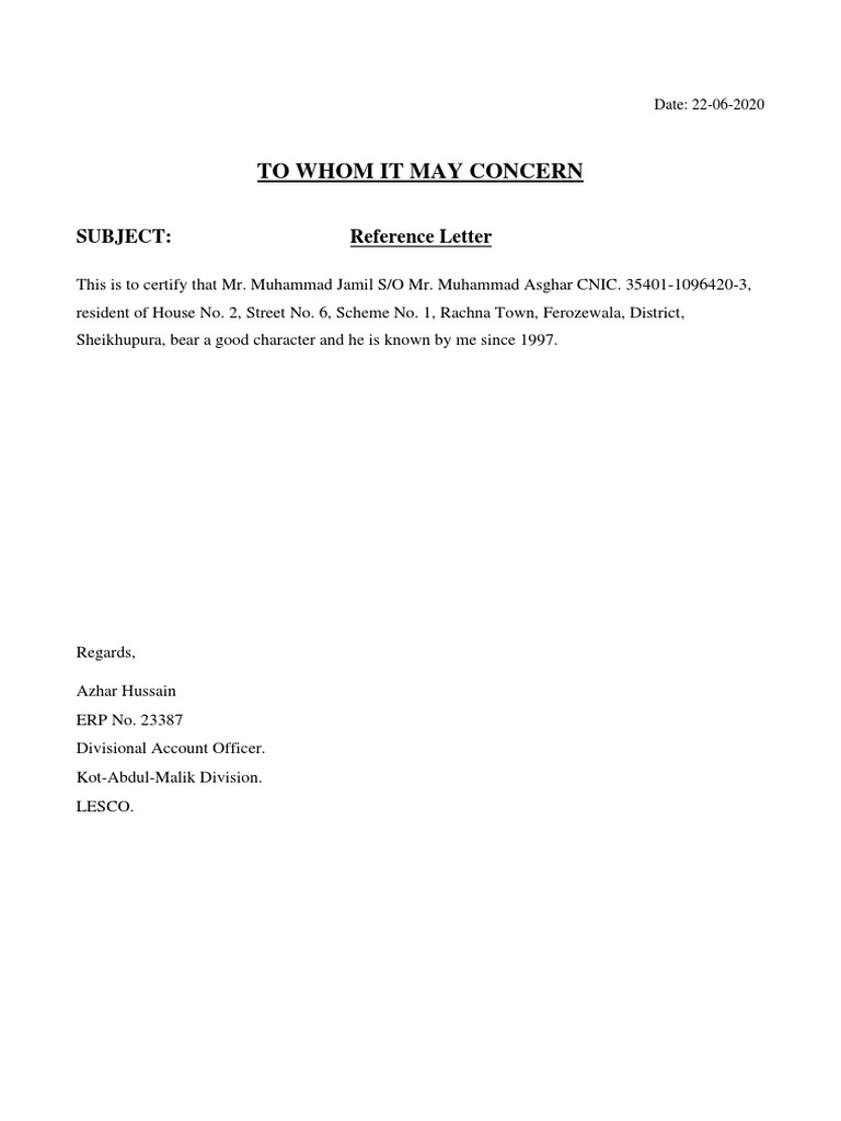 To Whom It May Concern: Subject: Reference Letter | PDF