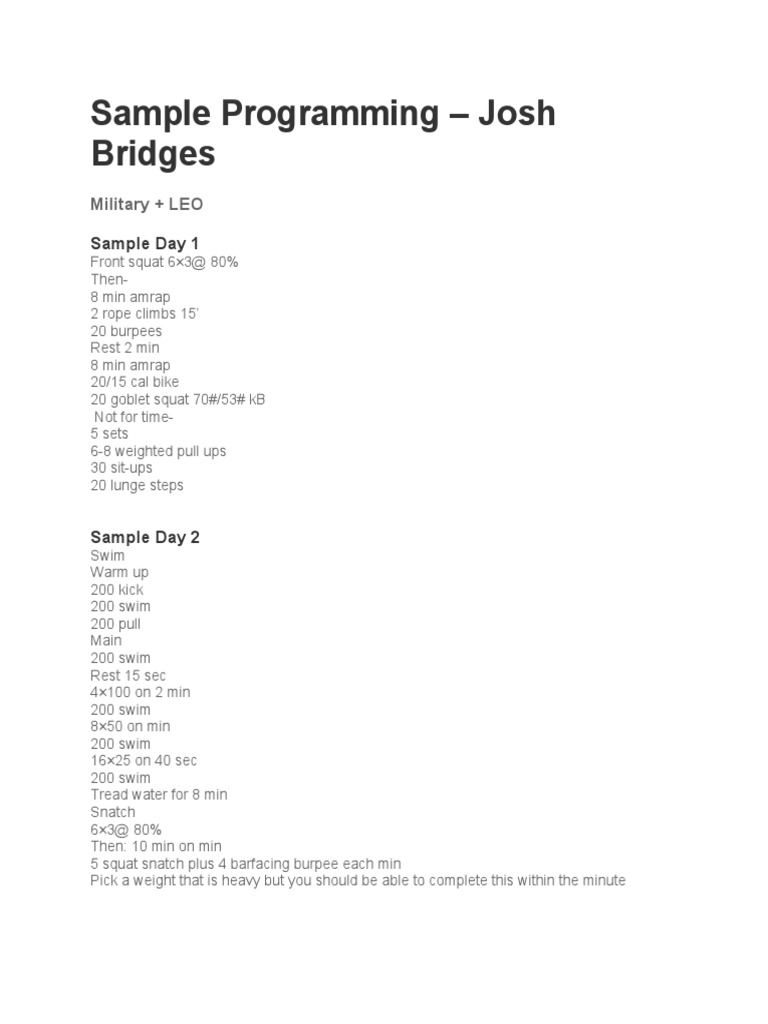Sample Programming - Josh Bridges: Military + LEO | PDF | Weightlifting ...