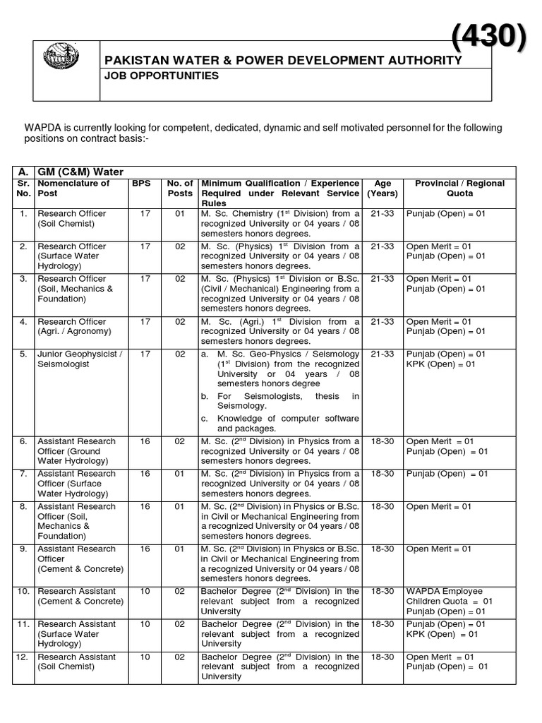 Pakistan Water & Power Development Authority: Job Opportunities | PDF ...