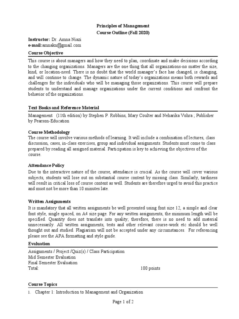Principles of Management Course Outline (Fall 2020) Instructor: Dr ...