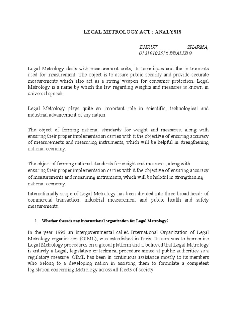Legal Metrology Act: Analysis: Dhruv Sharma, 01319103516 BBALLB 9 | PDF ...