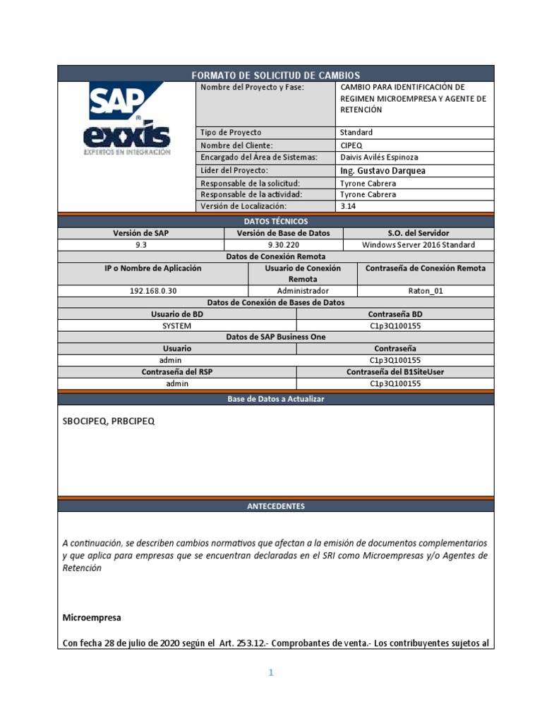 Solicitud de Cambios para Implementacion Regimen Microempresa y Agente Retención | PDF ...