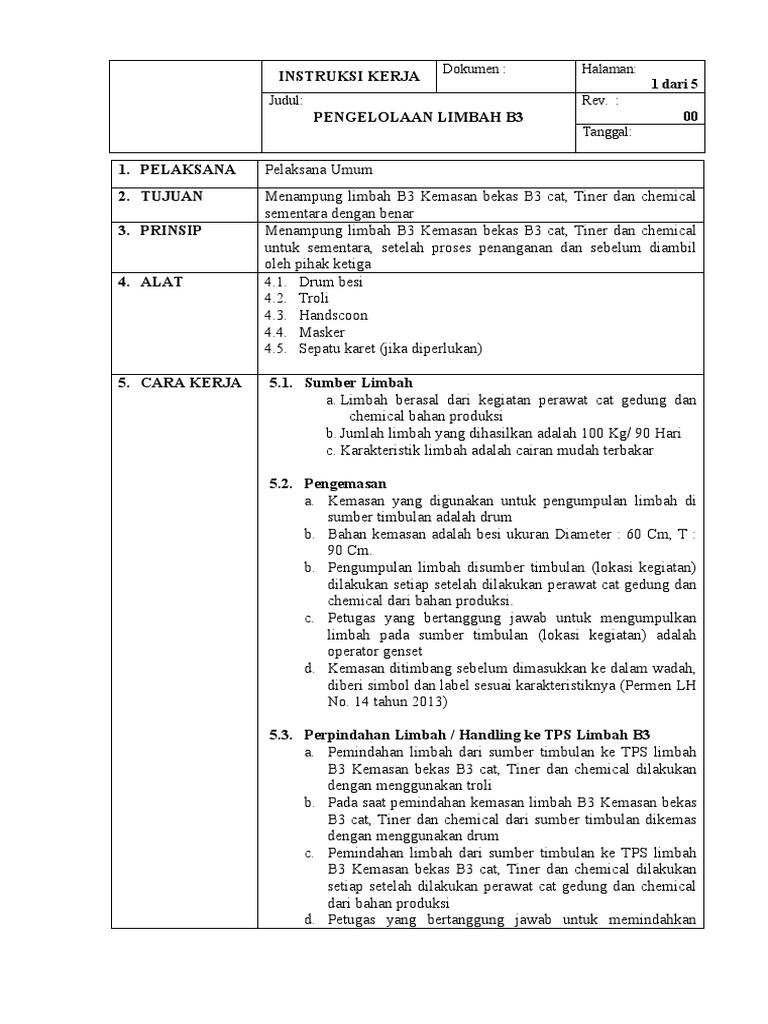 SOP IK Pengelolaan Limbah B3 Kemasan Bekas B3 | PDF