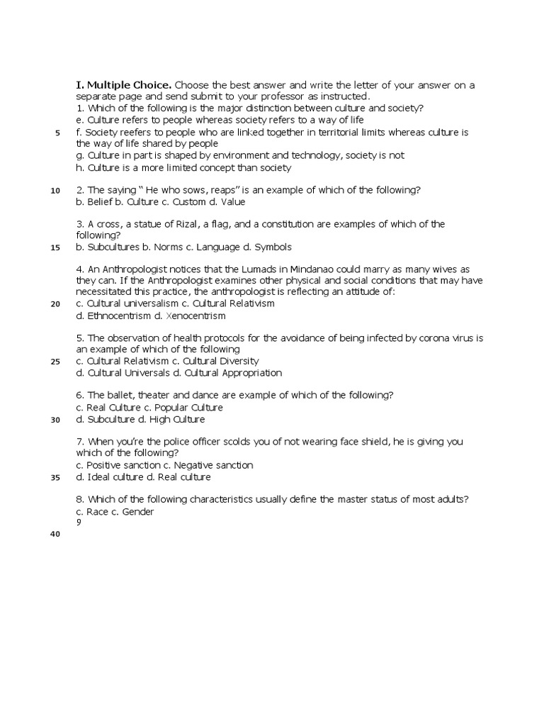 Culture and Society: Multiple Choice Quiz | PDF