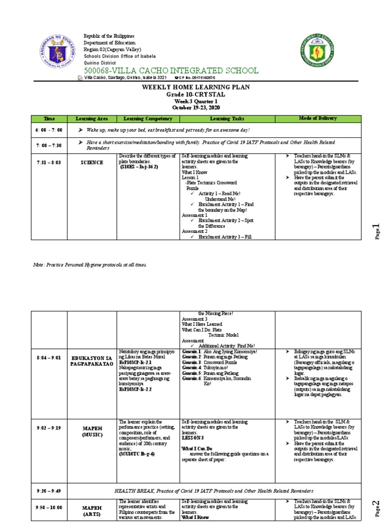 500068-Villa Cacho Integrated School: Weekly Home Learning Plan Grade ...