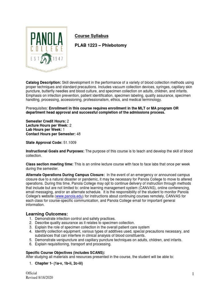 Course Syllabus PLAB 1223 - Phlebotomy: WWW - Panola.edu | PDF ...