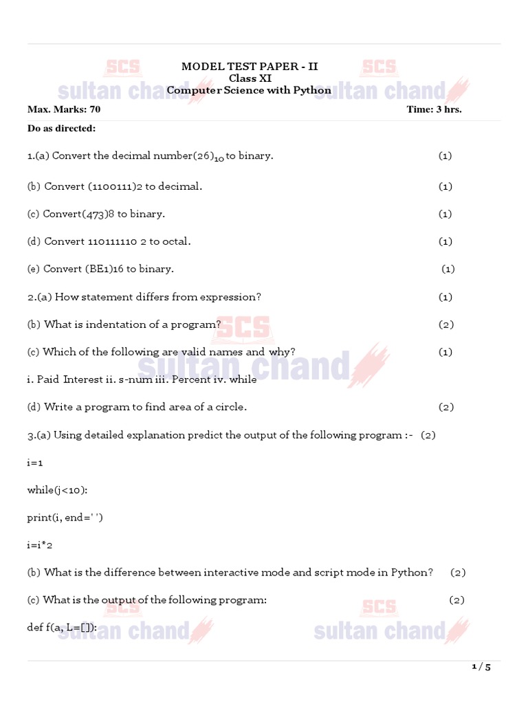 Computer Science with Python: Model Test Paper for Class XI | PDF ...