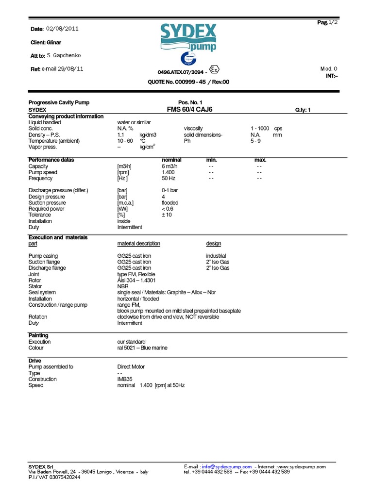 Sydex FMS 60.4 Caj6 PDF | PDF | Pump | Mechanical Engineering