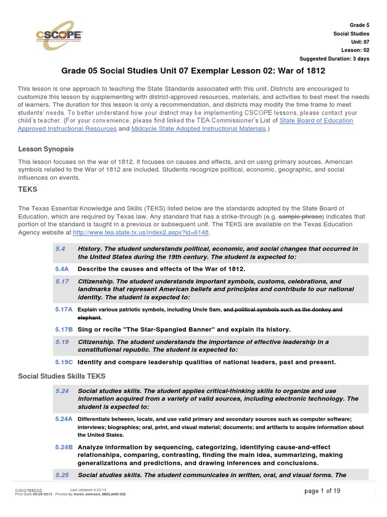 Grade 05 Social Studies Unit 07 Exemplar Lesson 02 War of 1812 | PDF ...