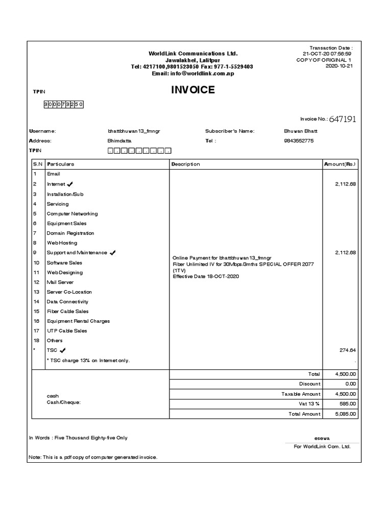 Invoice: Worldlink Communications Ltd. Jawalakhel, Lalitpur Tel ...