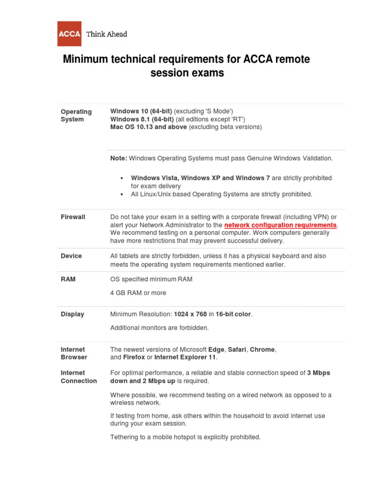 Minimum Technical Requirements For ACCA Remote Session Exams | PDF Minimum Technical Requirements For ACCA Remote Session Exams | PDF