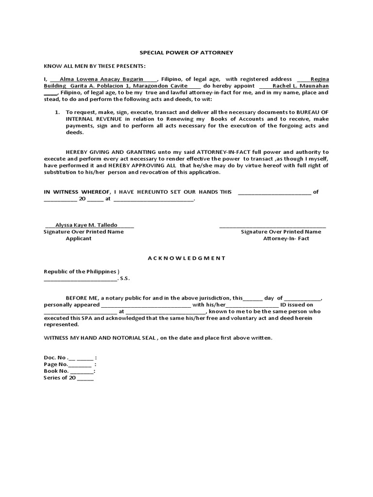 Special Power of Attorney: in Witness Whereof, I Have Hereunto Set Our ...