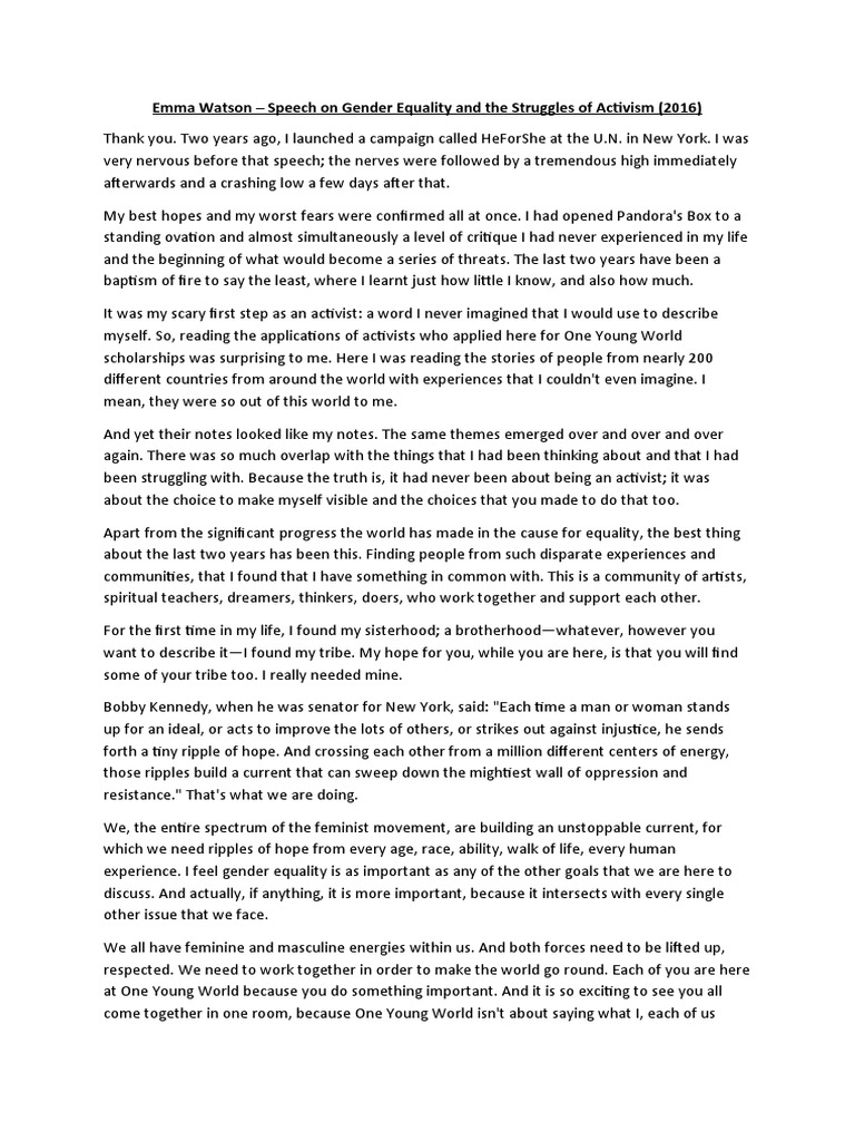 Emma Watson - 2016 Speech (Gender Equality) | PDF | Feminism | Gender ...