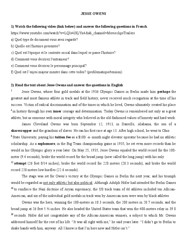JESSE OWENS Listening, Reading and Writing | PDF | Social Science ...
