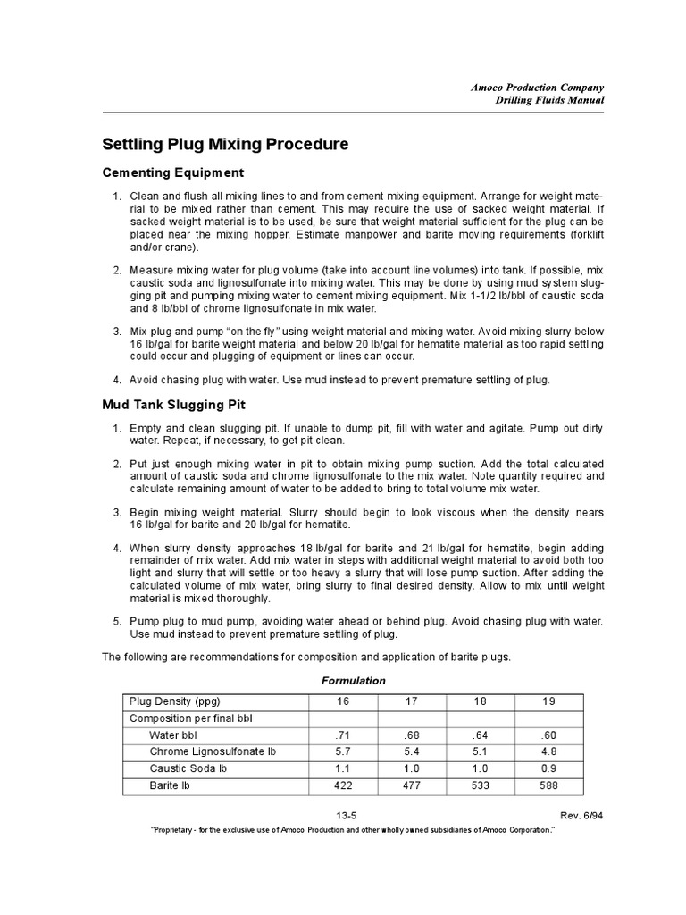 Settling Plug Mixing Procedure | PDF | Chemistry | Materials