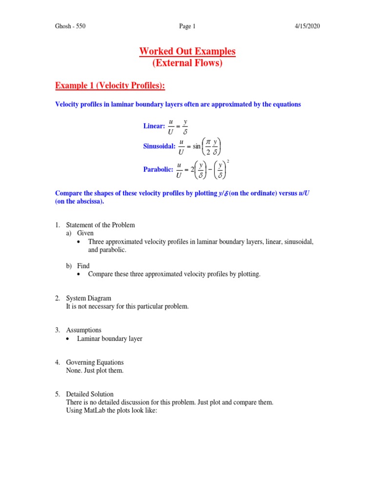 Worked Out Examples (External Flows) : Example 1 (Velocity Profiles ...