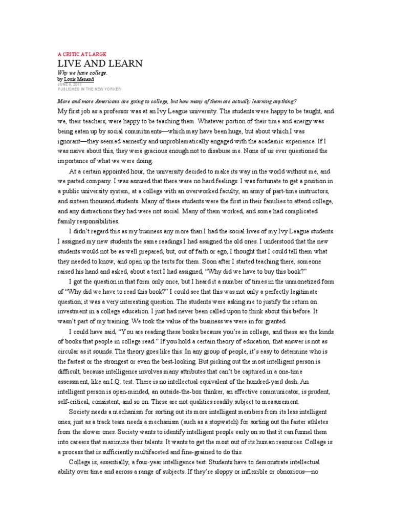 Menand Live and Learn | PDF | College | Liberal Arts Education