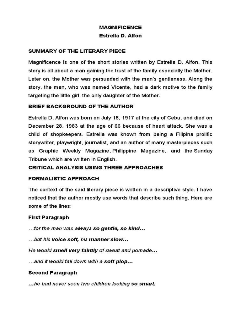 Magnificence Estrella D. Alfon Summary of The Literary Piece | PDF