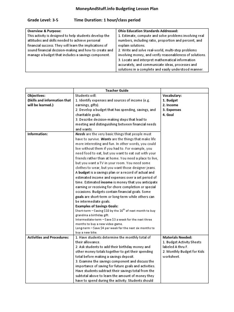 Budgeting Lesson Plan for Grades 3-5 | PDF | Lesson Plan | Behavior ...