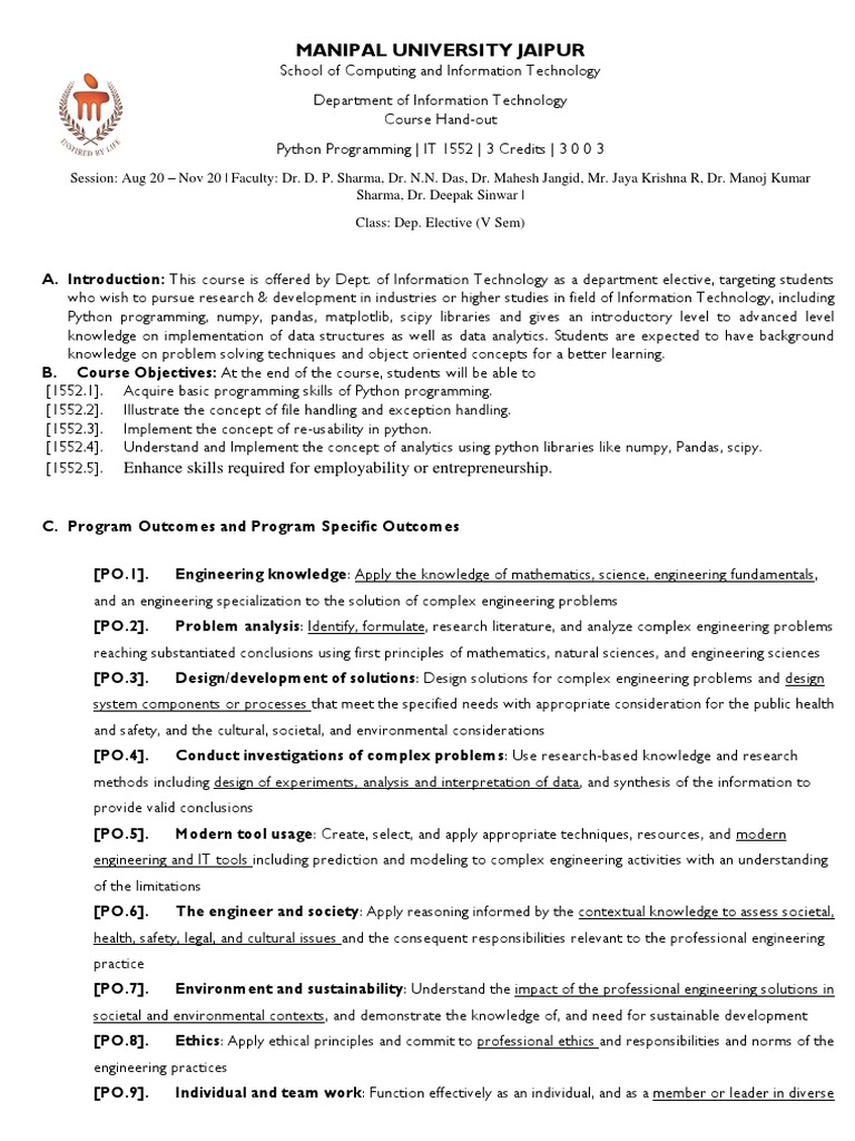 IT1552 Python Programming Course Handout 2020 | PDF | Engineering ...