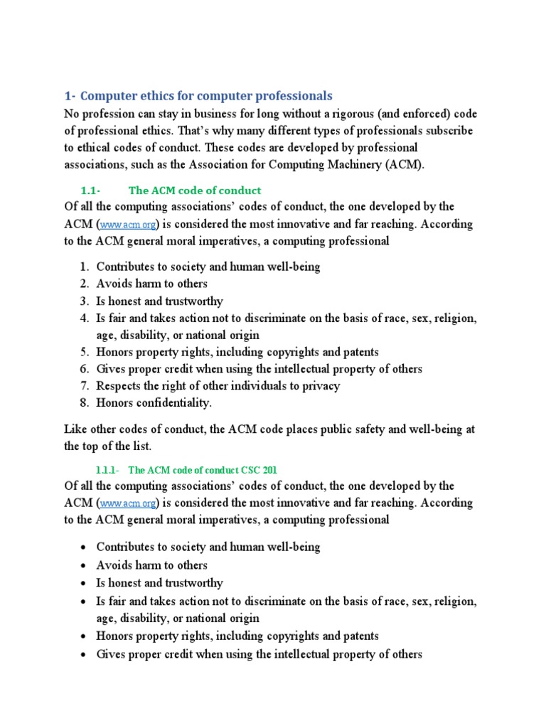 1-Computer Ethics For Computer Professionals: 1.1 - The ACM Code of ...